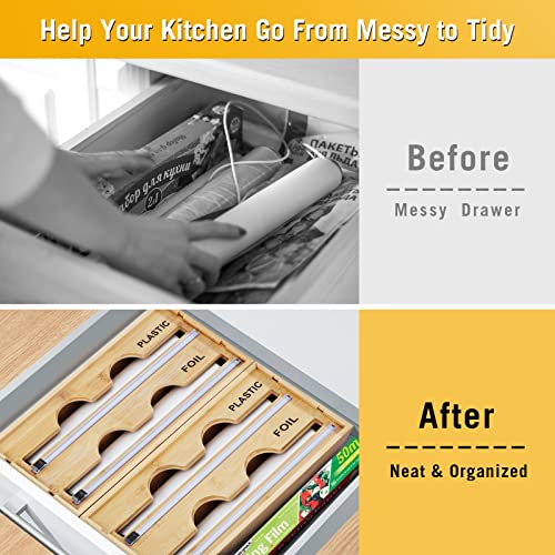 Wizsofer 2 in 1 Foil and Plastic Wrap Organizer, Bamboo Plastic Wrap Dispenser with Cutter and Labels, Plastic Wrap, Wax Paper, Aluminum Foil Organization and Storage for Drawer, Fits with 12" Roll