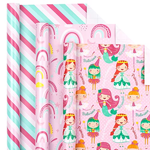 LeZakaa Birthday Wrapping Paper Roll - Mini Roll - Mermaid/Rainbow/Stripe Design for Girls, Kids, Women - 17 x 120 inches, 3 Rolls (42.5 sq.ft.ttl.)