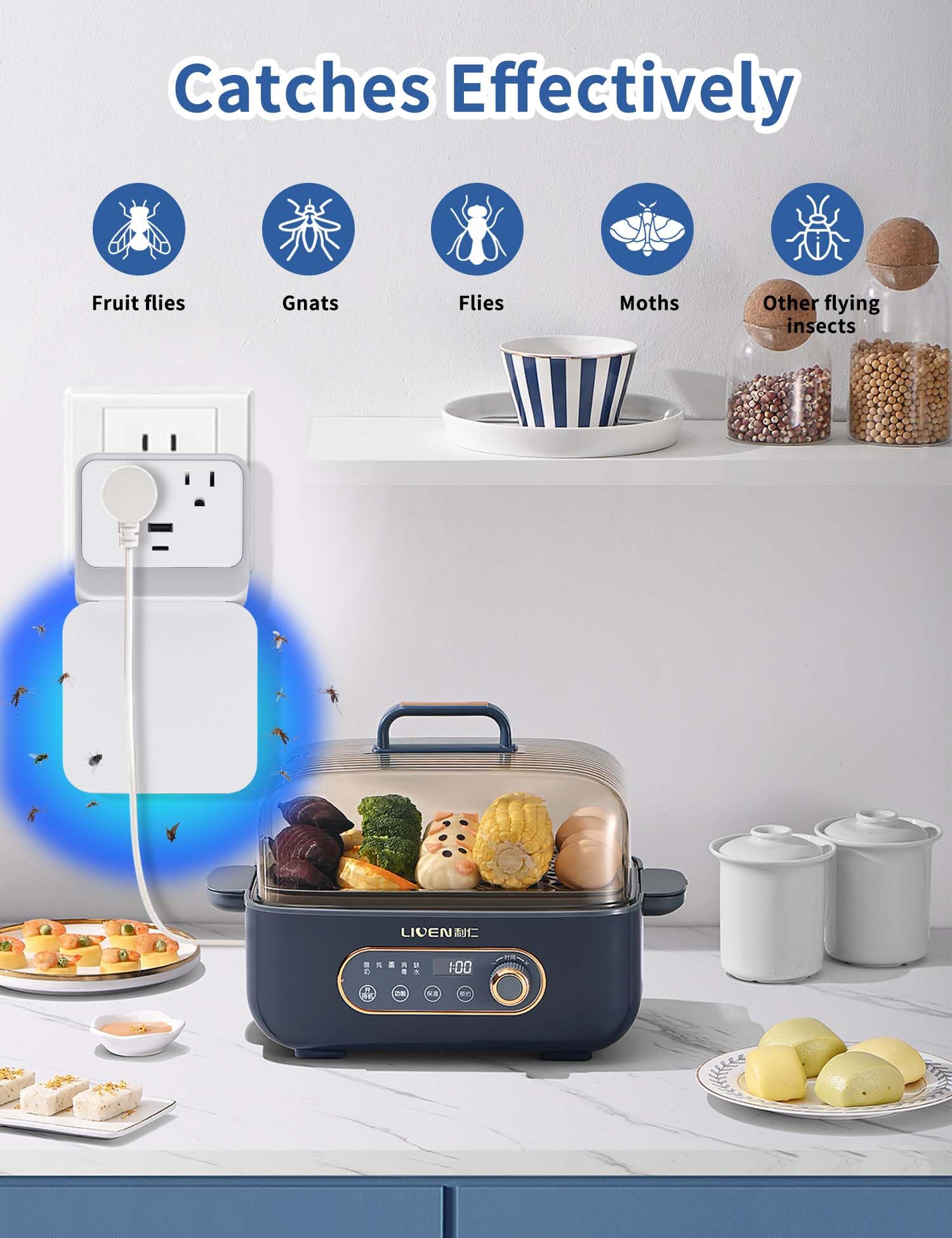 Fruit Fly Traps for Indoors Safe & Effective Plug in Fly Trap Indoor Flying Insect Trap for Fruitflies, Moths, Gnats, Oth Flying Insects with Multi Plug Outlet Extender with USB and 6 Fly Trap Refill