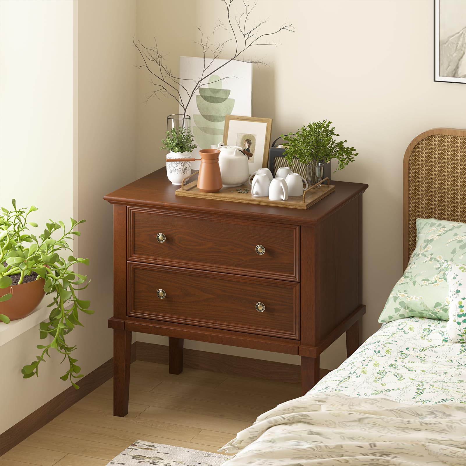 IKENO Solid Wood Nightstand with 2 Drawers, Practical Bed Side Table/Night Stand, End Table with 2 Drawers for Bedroom or Living Room (Caramel)