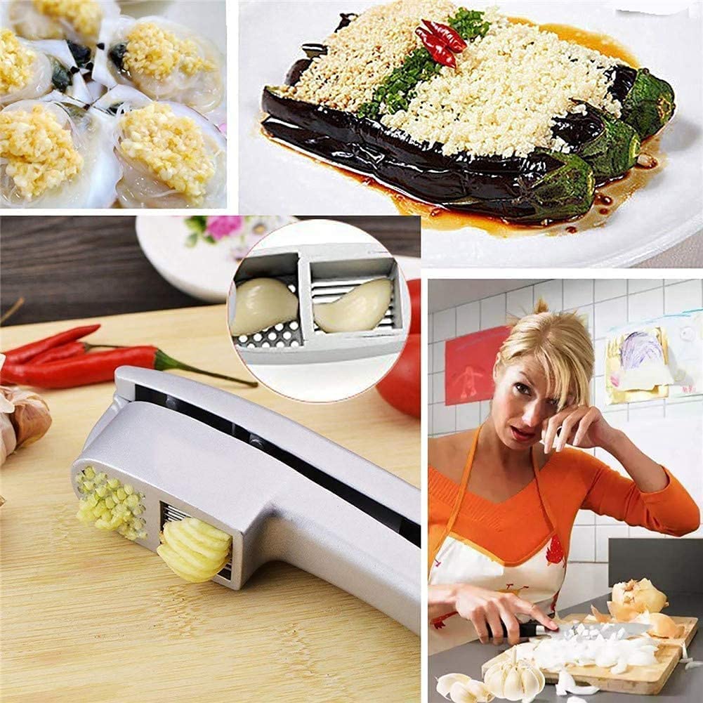 Garlic Press, 2 in 1 Garlic Mince and Garlic Slice with Garlic Cleaner Brush and Silicone Tube Peeler Set, Easy Squeeze, Rust Proof, Dishwasher Safe