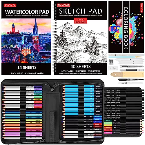 Soucolor Art Kit, 76 Pack Pro Art Supplies for Adults Kids, Drawing Supplies Sketching Art Set with 3-Color Sketch Book, Watercolor Pad, Coloring Book, Graphite, Metallic, Charcoal & Colored Pencils
