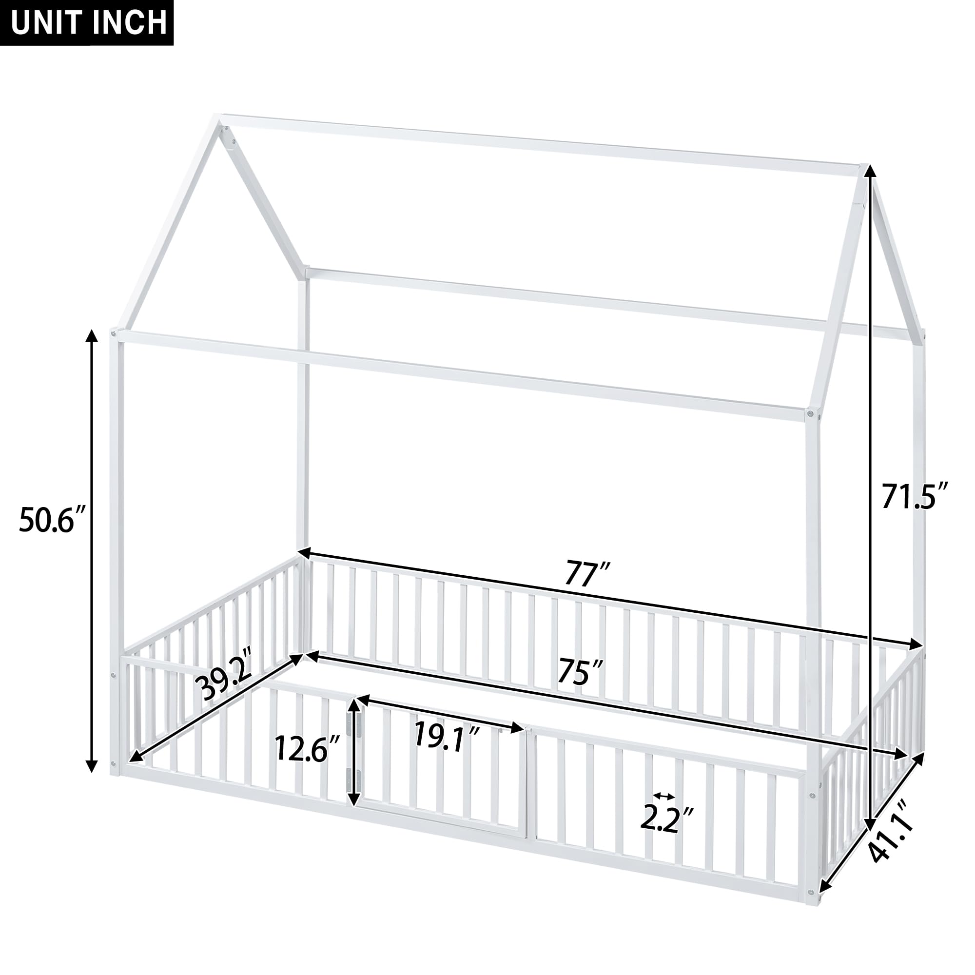 Merax Twin Size Montessori Floor Bed, Metal House Bed Frame with Roof for Kids, Teens, Girls, and Boys, No Box Spring Needed, White