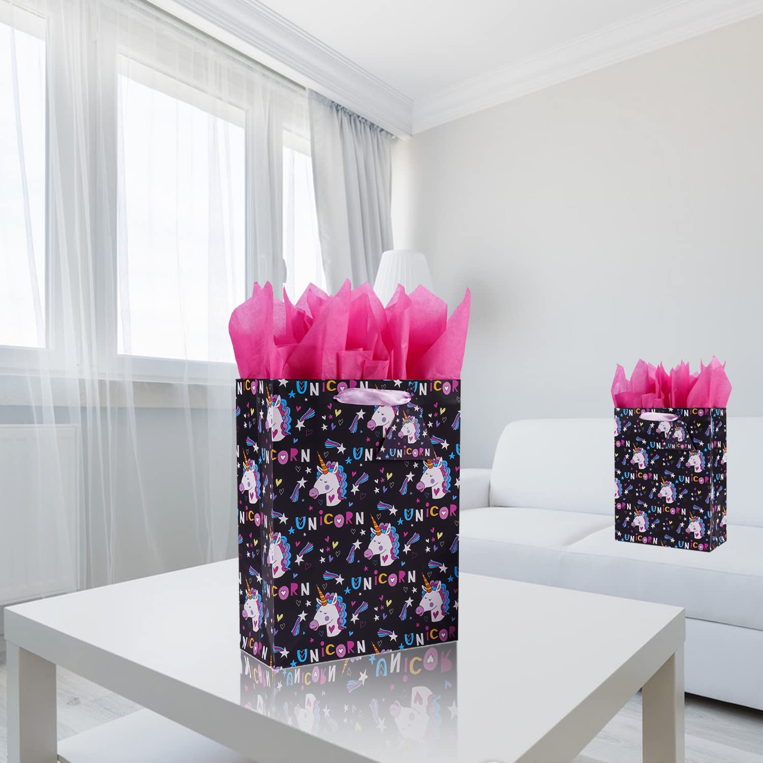 JWSCYSY 12.6" Large Gift Bag with Card and Tissue Paper - Black Pink Unicorn Gift Bag for Girls Birthday.