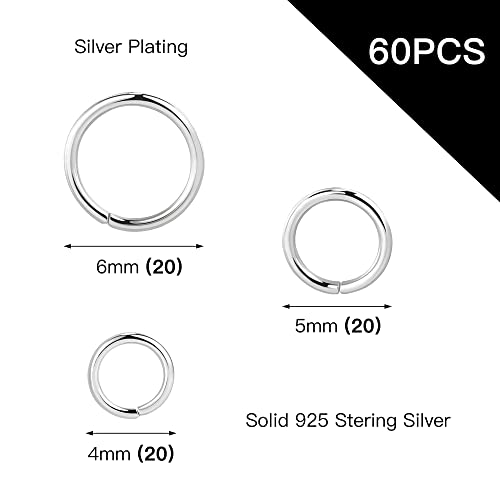 Sterling Silver Jump Rings for Jewelry Making 4mm 5mm 6mm 925 Sterling Silver Open Jump Rings for DIY(60 PCS)