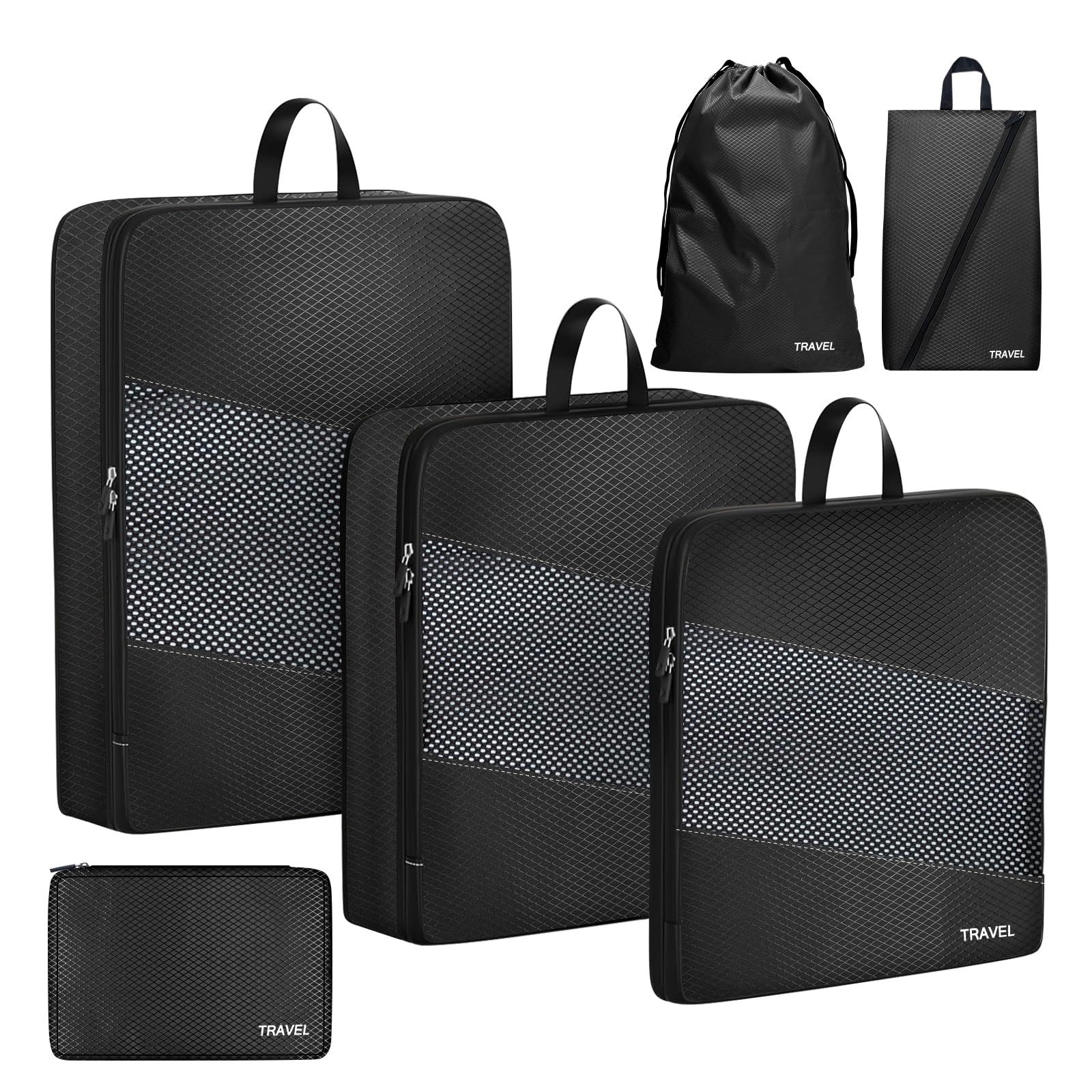 Compression Packing Cubes for Suitcases, 6 Set Large Travel Luggage Organizer Bags with Drawstring Laundry Bag, Toiletry Bag & Shoe Bag for Travel Essentials (black)
