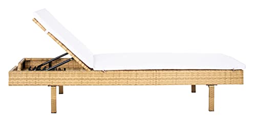 SAFAVIEH Outdoor Collection Cam Natural Brown Wicker/White Cushion Adjustable Chaise Lounge Chair, Black/Beige (PAT7501D)