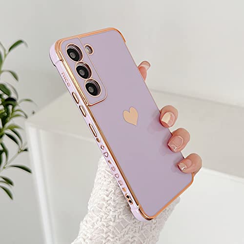 phylla Compatible with Samsung Galaxy S21 FE 6.4β 5g Phone Case Luxury Plating Cute Love Heart Side Small Pattern Case Full Camera Protection Soft Silicone Shockproof Bumper Cover (Purple)