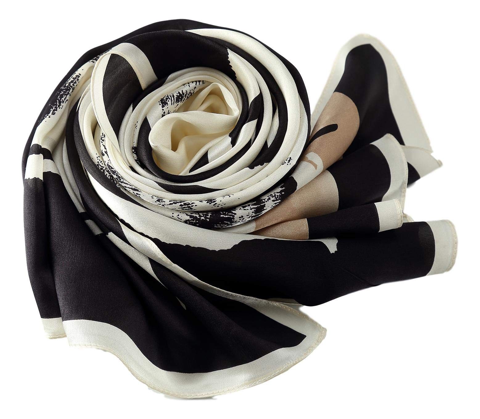YangtzeStore Long Charmeuse Silk Scarf Floral and Graphic Print (Black White Abstract)