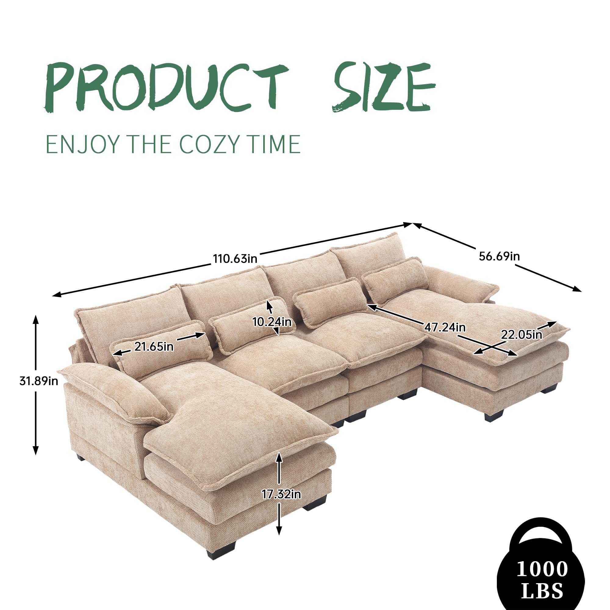 LIFEISLE 110 Inch Extra Large Modular Sectional Sofa, Modern Chenille U-Shaped Sofa with 4 Cushions, Memory Foam Sofa with Double Lounger for Living Room, Office, Reception Room,Emerald-New
