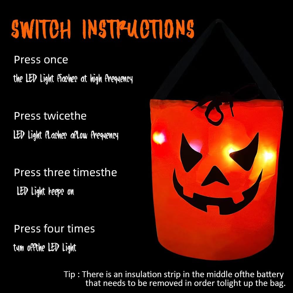 JXITON Halloween Drawstring Candy Bags Light up Multipurpose Halloween Trick or Treat Candy Bag with Pumpkin Smile Face Reusable Orange Goodie Bags for Kids(3 Pcs)