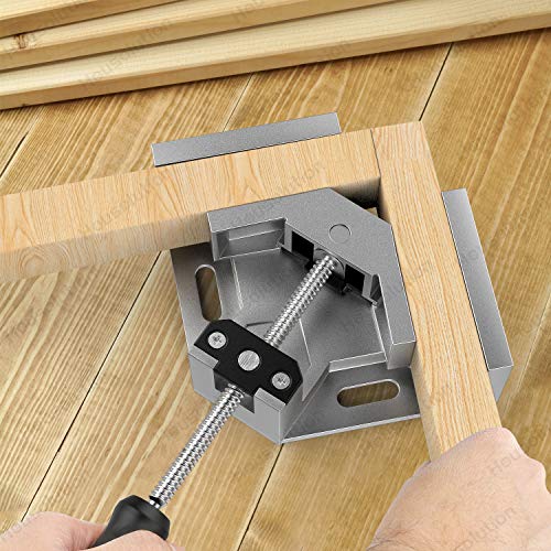Housolution Right Angle Clamp, Single Handle 90° Aluminum Alloy Corner Clamp, Right Angle Clip Clamp Tool Woodworking Photo Frame Vise Holder with Adjustable Swing Jaw - Silver Gray