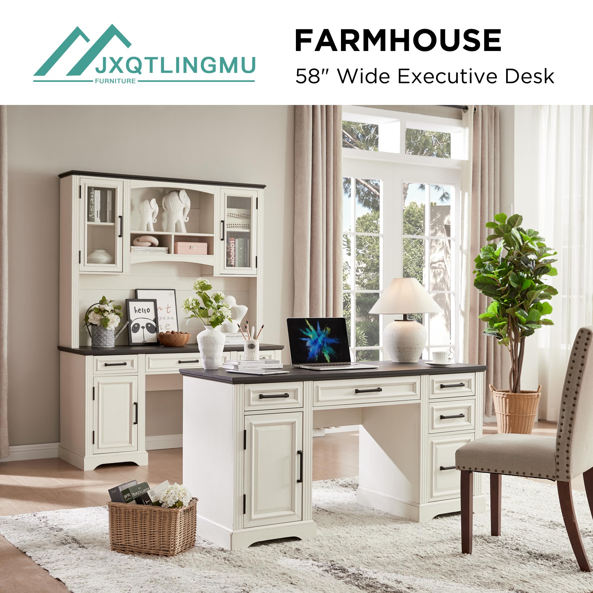 JXQTLINGMU 58" Executive Desk, Farmhouse Computer Desk with Drawers and Cabinet, Embossed Texture Home Office Desk, Workspace for Work Study Writing, Off White