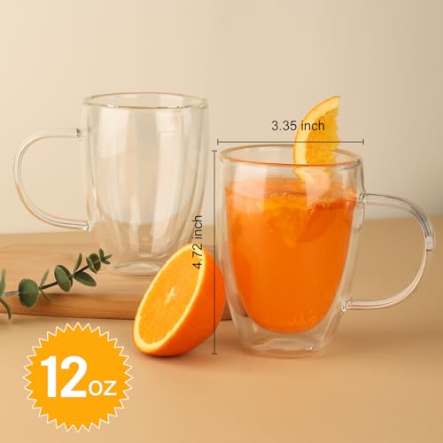 Liuruiyu Glass Coffee Mug Set of 4 Double Wall Clear Mugs, Insulated Coffee Cups with Handle Fits for Cappuccino, Tea, Espresso - 12oz