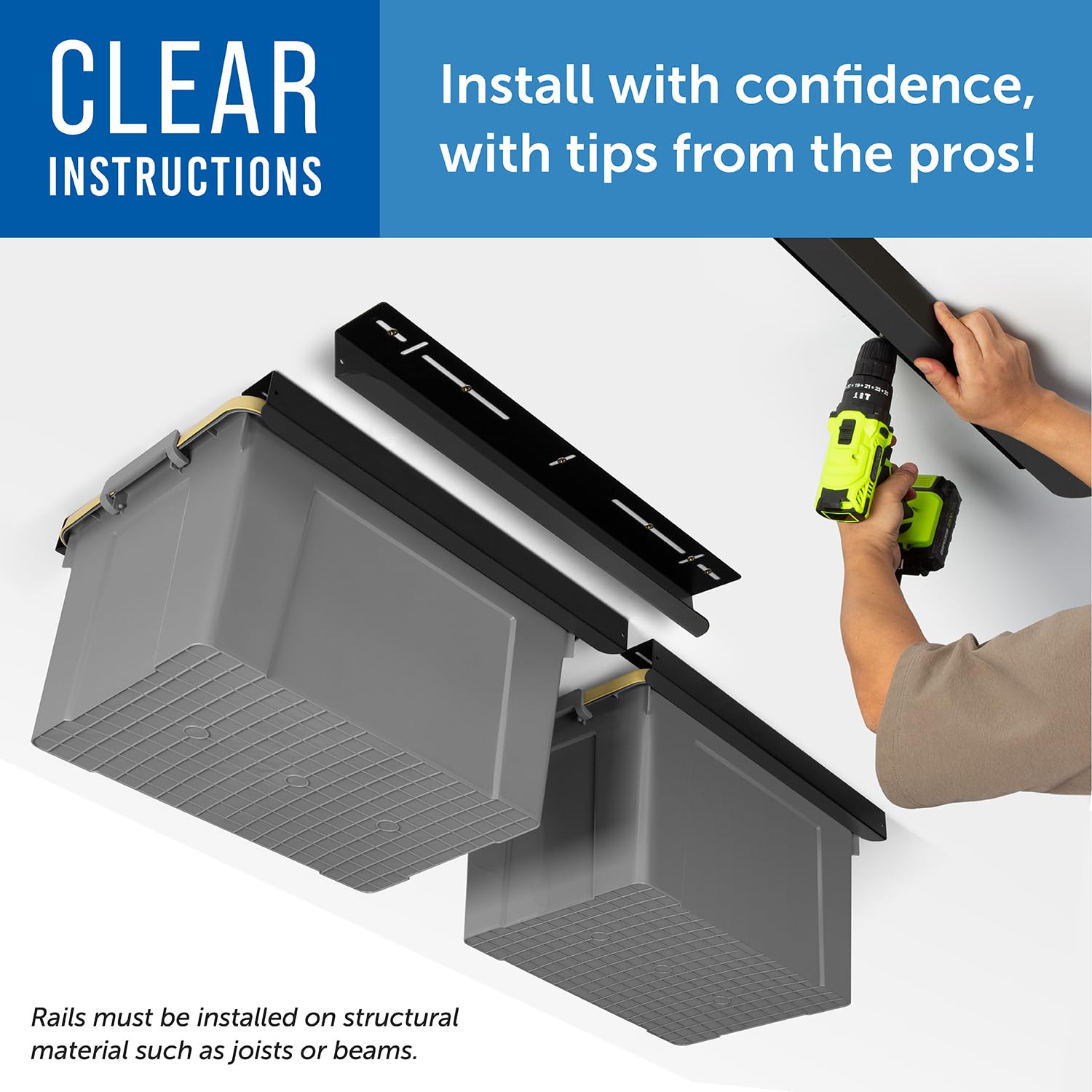 Maplefield Float-A-Tote Garage Overhead Storage Racks - 3 Pack (6 Rails) - Adjustable Ceiling Racks for Tote Bins - Supports 40 Lbs - Easy Installation