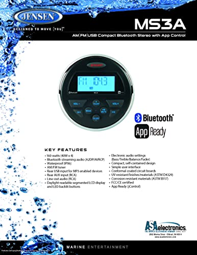 Jensen MS3A AM|FM|USB Waterproof Compact Bluetooth Stereo with App Control, 160 watts (40W x 4), Bluetooth Streaming Audio (A2DP/AVRCP), Rear USB for MP3, Rear AUX in (RCA), Line-Out (RCA) (Renewed)