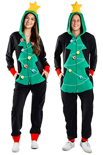 Tipsy Elves Men's Christmas Game Cozy Jumpsuit - Cozy Christmas Tree Onesie w/Velcro Balls : XL