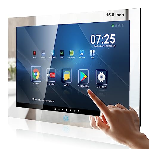 Haocrown 15.6 Inch Small Waterproof TV for Bathroom Showe Kitcken, Smart Touch Screen Mirror Television Built-in Android 11 System 2.4G/5G Wi-Fi Bluetooth (HG156BM, 2023)