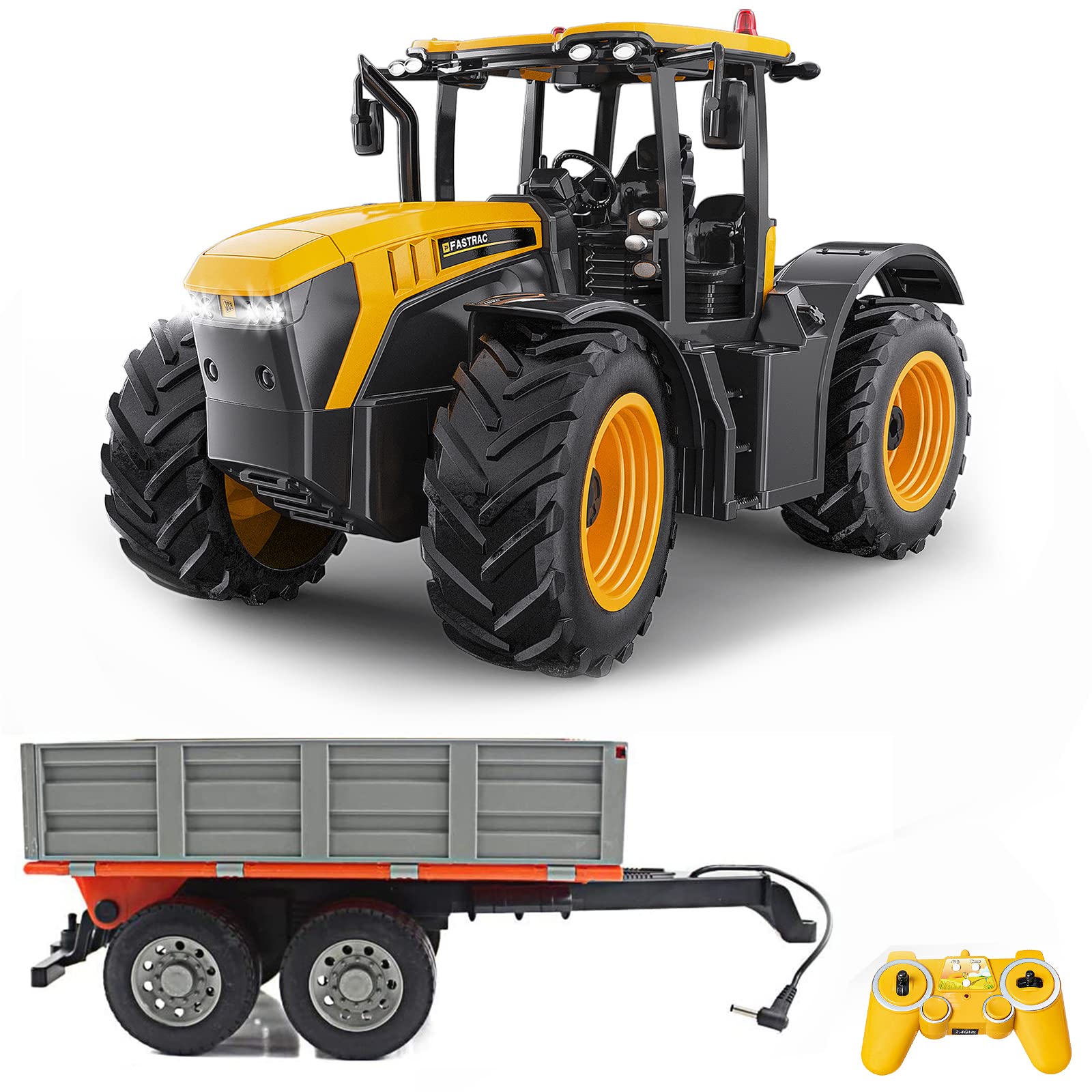 Dollox RC Farm Tractor Toy 1/16 Scale Construction Farmer Truck 2.4G Hobby Remote Control Engineering Vehicle + Tipping Trailer Accessory with Hitch