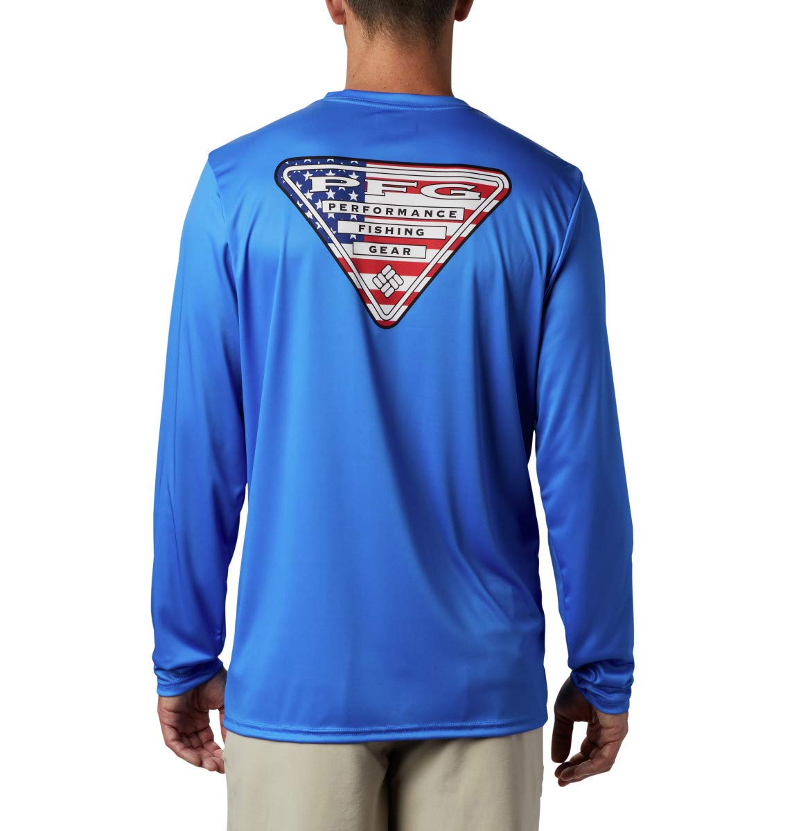 Columbia Men's Terminal Tackle PFG Country Triangle Long Sleeve, Vivid Blue/USA Flag, XX-Large