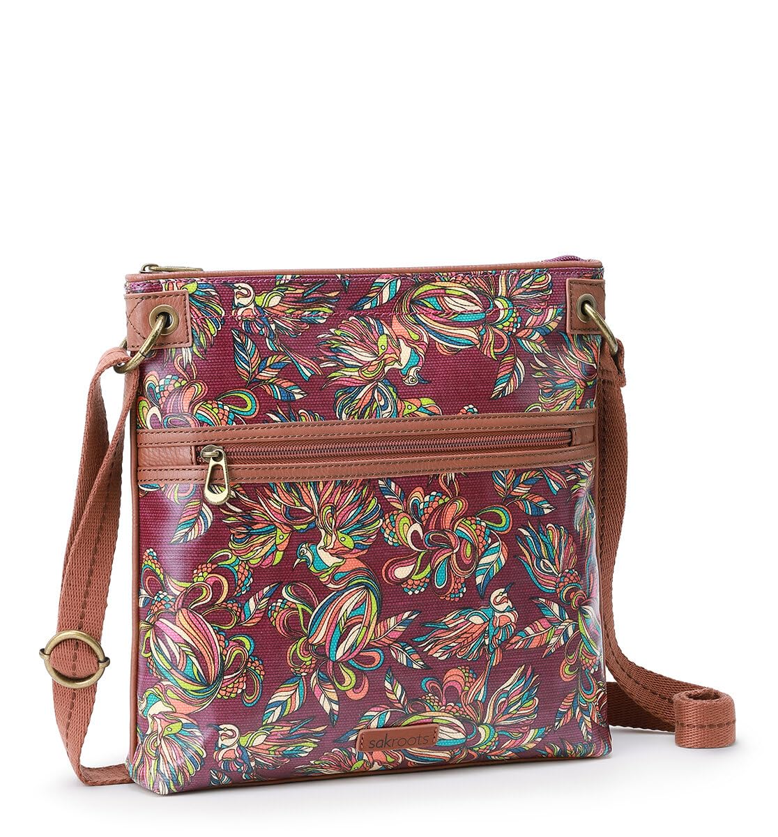 Sakroots Flat Crossbody in Coated Canvas with Adjustable Strap, Mulberry Treehouse