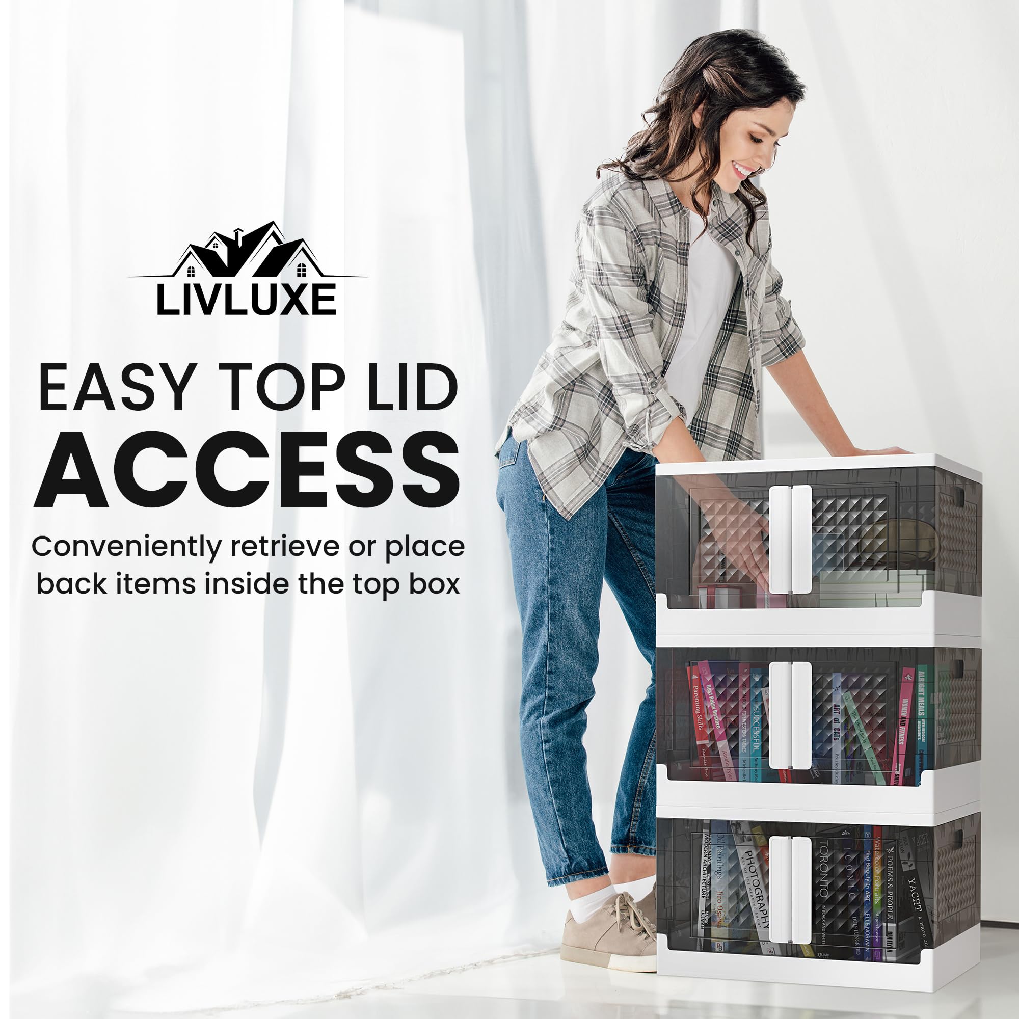 livluxe Closet Organizers and Storage, 8.4 Gal Storage Bins with Lids, 3 Pack, Collapsible, Stackable Storage Bins with Door, Wheels & Side Handles, Multiuse for Bedroom Office Trunk & More