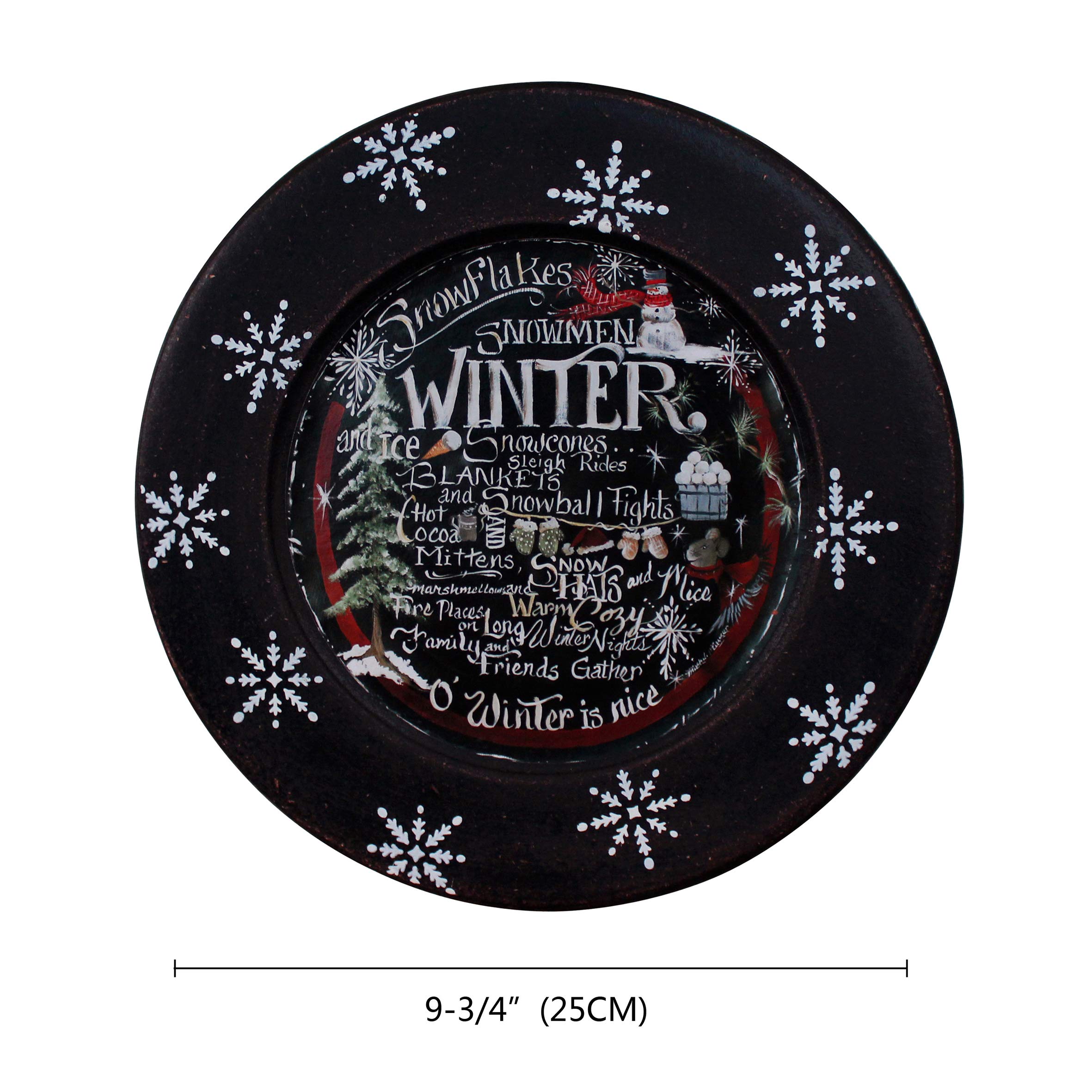 CVHOMEDECO. Winter Decorative Plate Primitives Distressed Round Christmas Display Wooden Plate Home Décor Art, 9-3/4 Inch