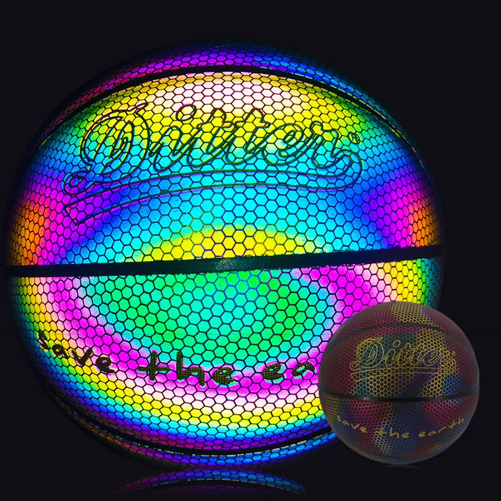 HAYCHE Reflective Basketball Size 7, Holographic Glowing Reflective Basketball Colorful Cool Camera Flash Reflective Basketball for Night Adult or Kids Basketball Gift