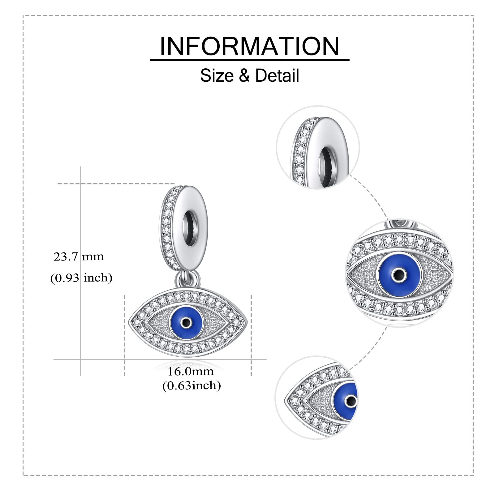 EXRANQO Evil Eye Dangle Charms for Charms Bracelets and Pendant Necklace 925 Sterling Silver Blue Enamel Evil Eye Beads Christmas Gift for Women