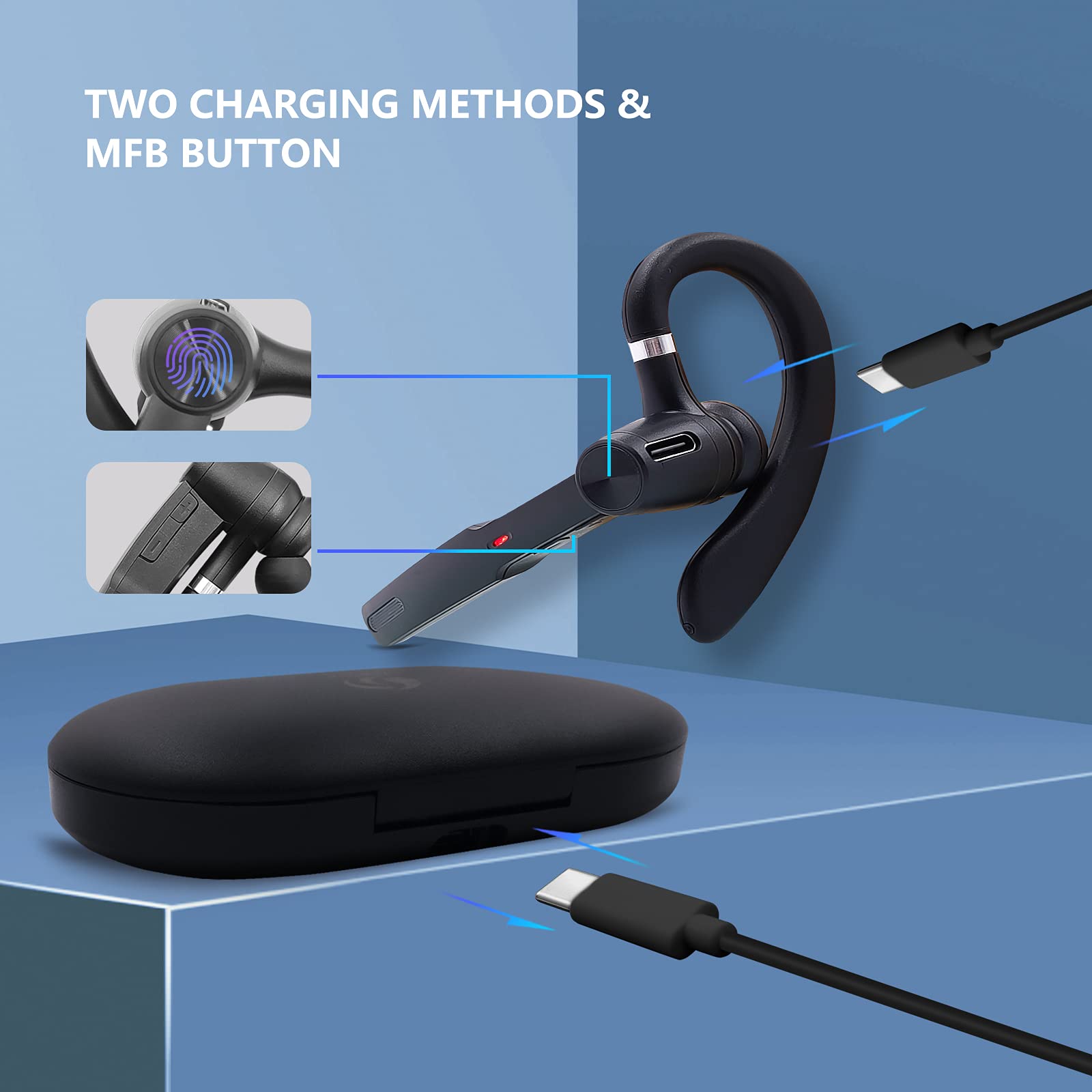 Tonstep Bluetooth Earpiece, Bluetooth Headset with MIC, Trucker Bluetooth Headset 50 Hours with Charging Case, in-Ear Headphones Wireless Earphones for Business,Office and Driving (Black-g1)