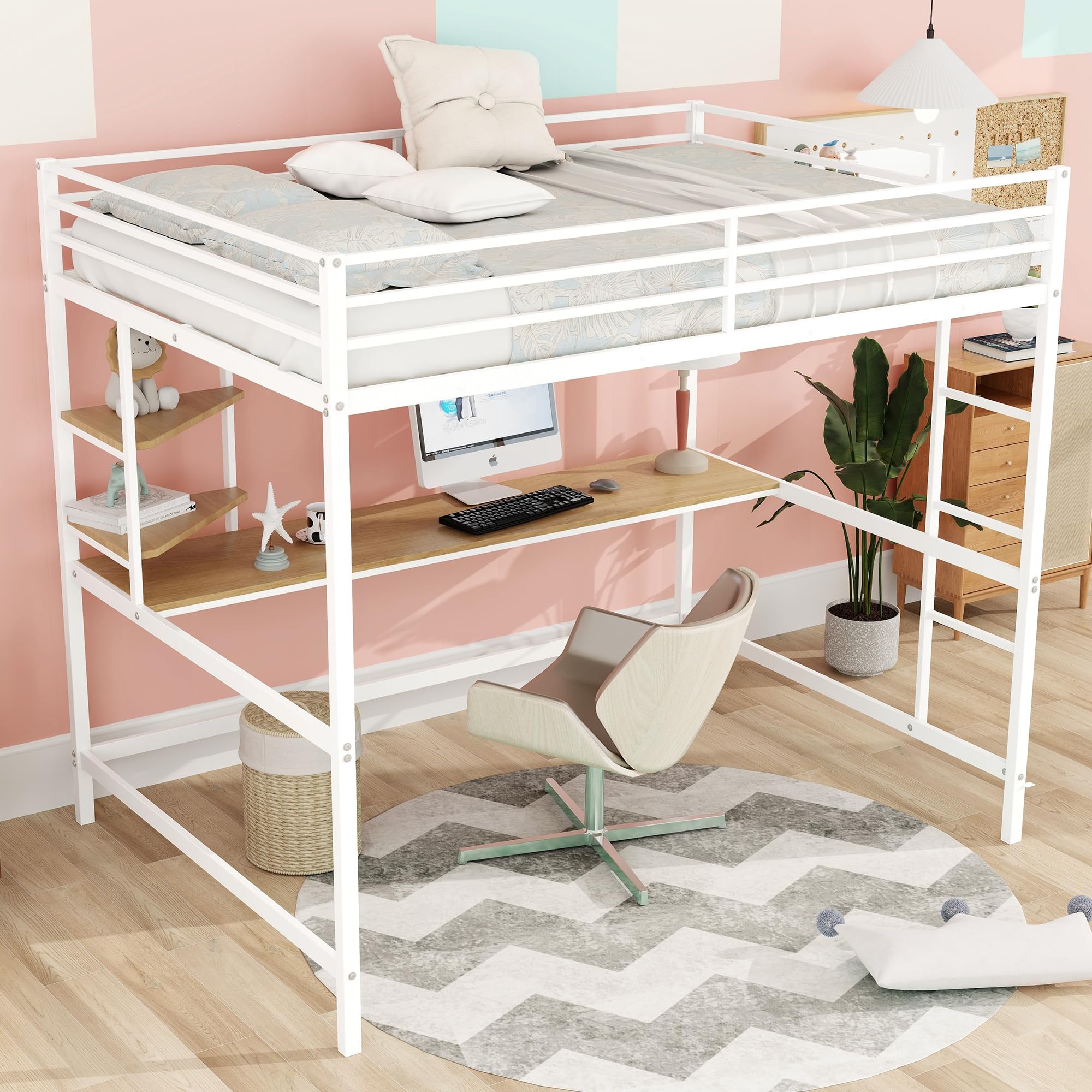 Full Size Loft Bed with Desk and Storage Shelves,Heavy-Duty Loft Bed Full for Kids,Metal Loft Bed Frame with Safety Guardrail,Space-Saving(Full,White)