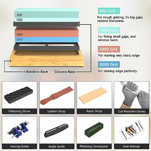 Knife Sharpening Stone Set, Premium 4 Side Grit 400/1000 3000/8000 Whetstone Sharpener Kit with Cut Resistant Gloves,Bamboo Base,Flattening Stone,Angle Guide,Honing Guide,Leather Strop,Razor Strop