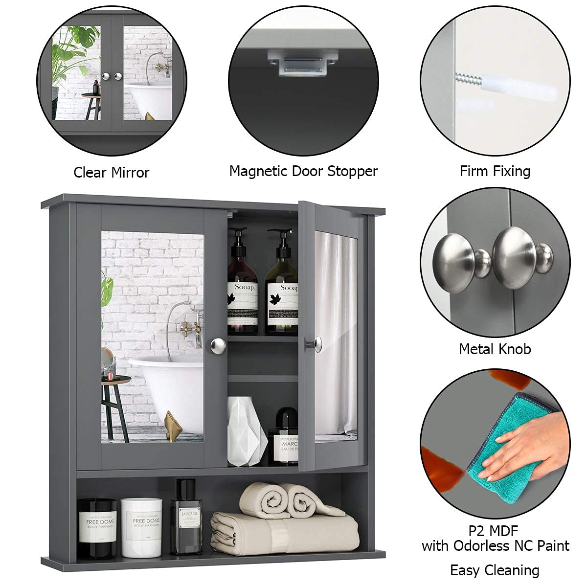 Salches Wall Mounted Bathroom 2 Mirrored Doors, Over-Toilet Hanging w/Shelves, Wooden Storage Organizer Medicine Cabinets, Grey