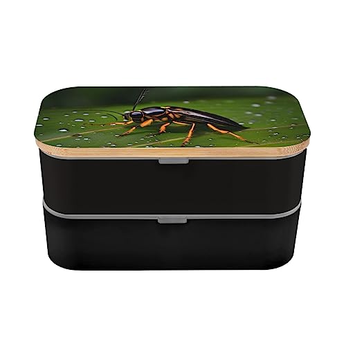 Insects On Leaves Adult Lunch Box, Bento Box, With Cutlery Set Of 3, 2 Compartments, Rectangular, Lunch Box For Adults