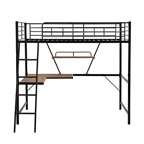 STP-Y Bunk Bed, Black, Alloy Loft Bed with L-Shaped Desk and Shelf Made of Heavy-Duty Steel. Perdurable. Need to Assemble The Mattress. Recommended 6"-8"