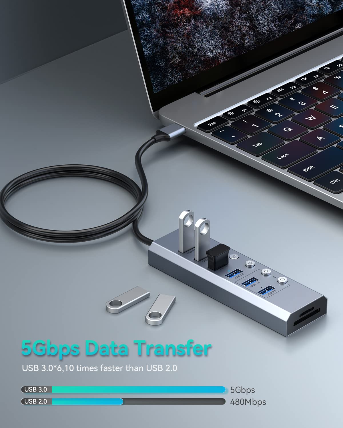 Powered USB 3.0 Hub, Elecife 8-Port Powered USB Hub, Aluminum USB Splitter with 6 USB 3.0 Data Ports, SD/TF Card Readers, Individual On/Off Power Switches and 5V/3A Power Adapter (42 inch)
