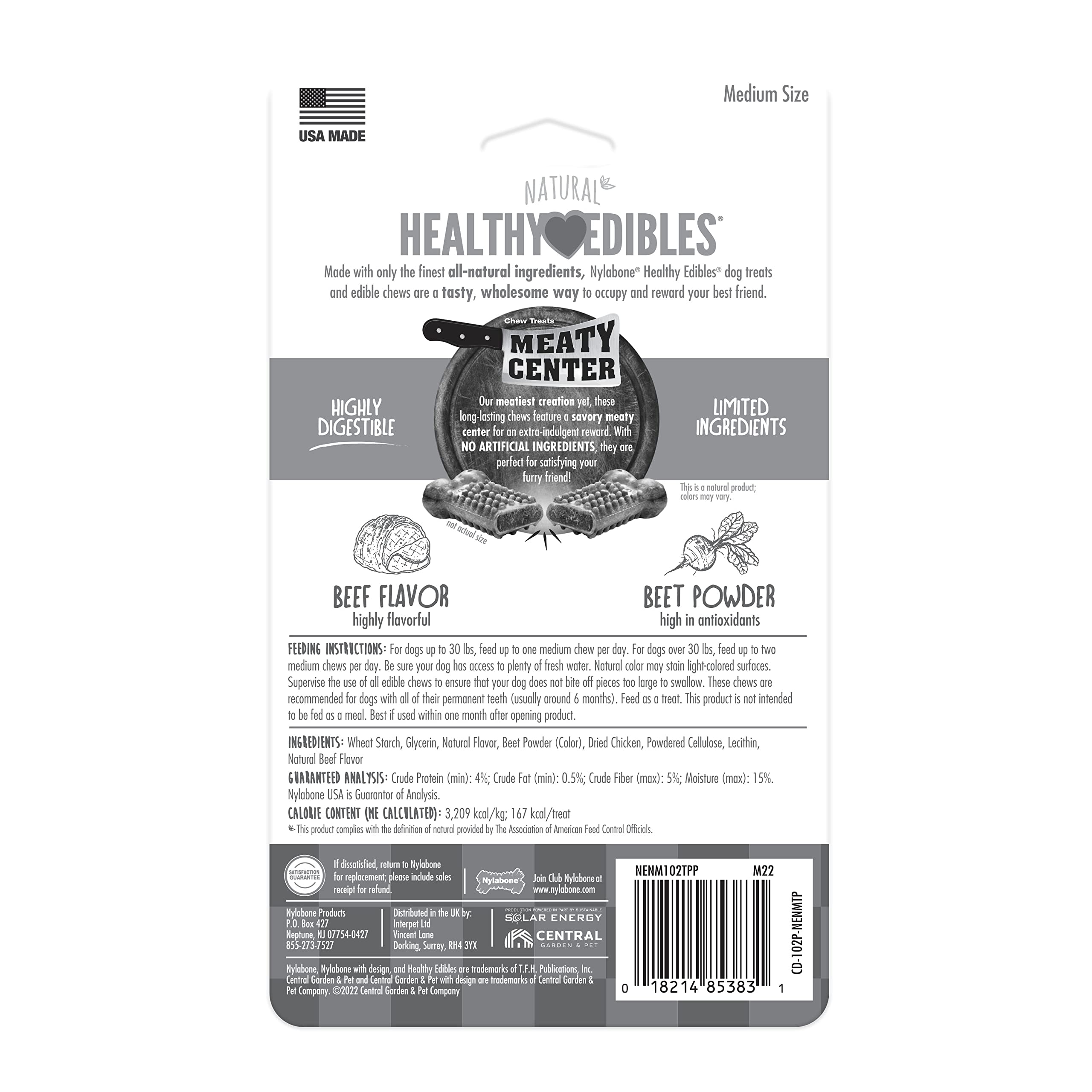Nylabone Healthy Edibles Natural Dog Chews Long Lasting Meaty Center Beef Flavor Treats for Dogs, Medium (2 Count)