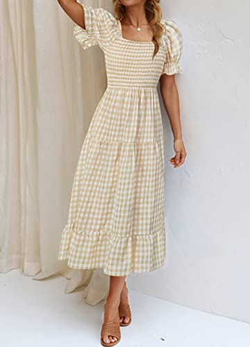 MEROKEETY Women's Plaid Square Neck Ruffle Puff Sleeve Midi Dress Summer Boho Backless Smocked Dress, Beige, Medium