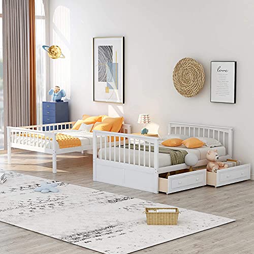 STP-Y Twin Over Twin Bunk Bed, Bunk Bed Frame with Storage Drawers, Wooden Twin bunk Bed with Safety Rail Ladder, Grey (Color : White, Size : Full Over Full)