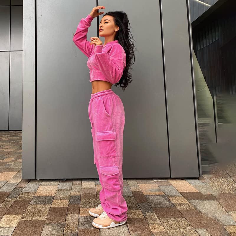 HBER Women's 2 Piece Velour Tracksuit Set Solid Color Long Sleeve Zipper Cropped Jacket and Sweatpants Y2K Sweatsuit Set