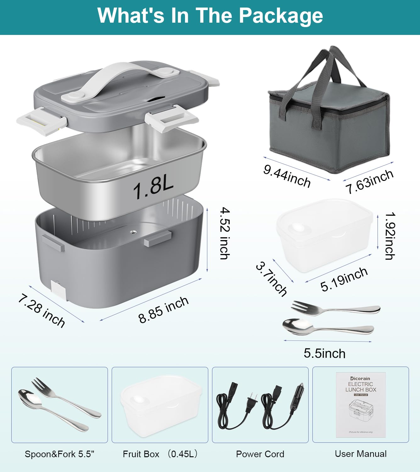 Dicorain Electric Lunch Box, 80w 1.8L Heated Lunch Box for Truck/Car/Office/Home/Work, 12/24/110v 3 In 1 Portable Food Warmer Lunch Box with Removable SS Container, Fork & Spoon (Grey)