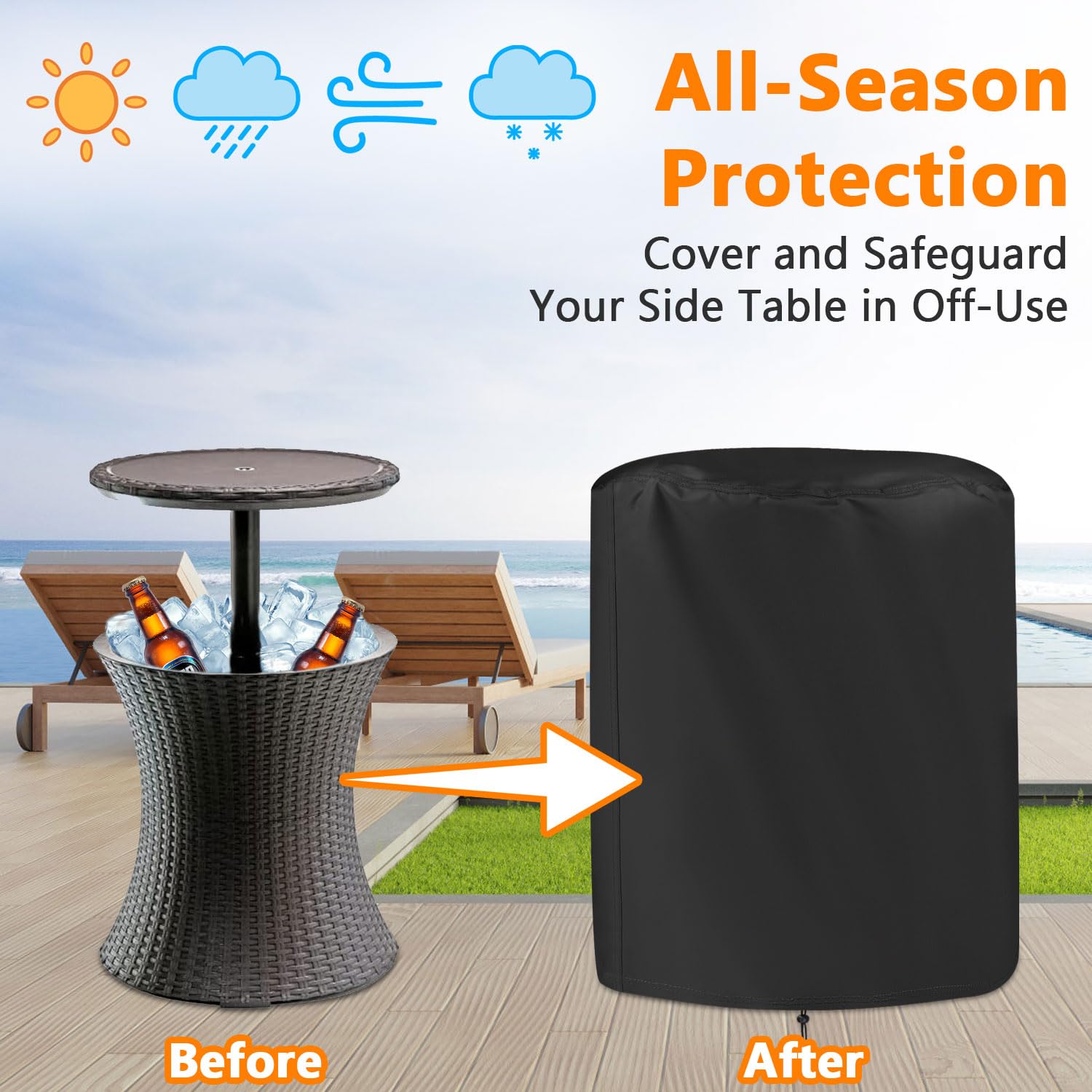 Saking Outdoor Cooler Table cover for Keter 7.5 Gallon Cool Bar Table, Waterproof Outdoor Barrel Cool Bar Table Cover, Round Pool Side End Table Cover with Drawstring, 21" D x 23" H, Black
