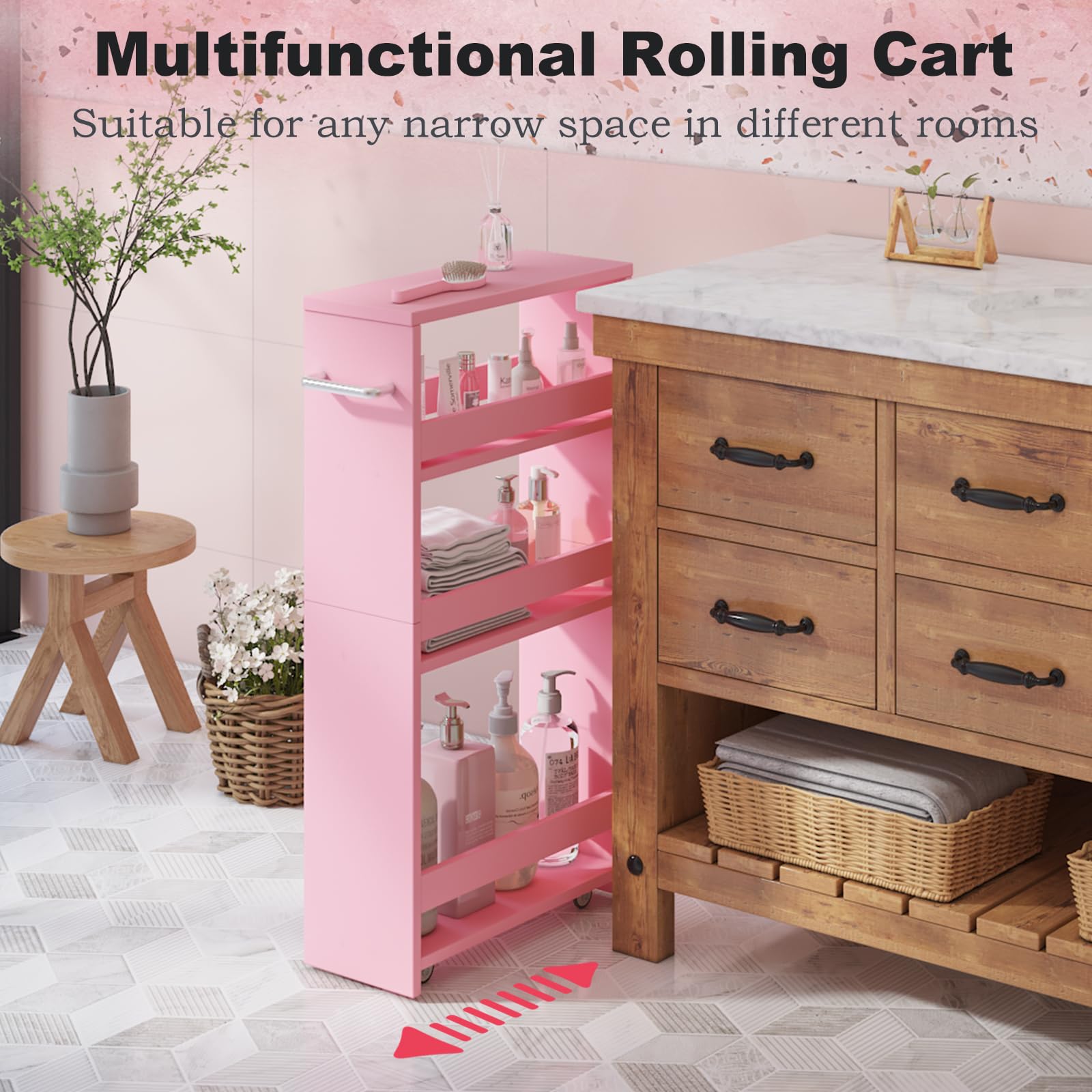 MARTY Pink Slim Storage Cart, 4-Tier Rolling Bookshelf Kitchen Cart with Wheels, Laundry Room Organization with Handle Slide Out Utility Cart Shelving Unit Trolley for Narrow Places