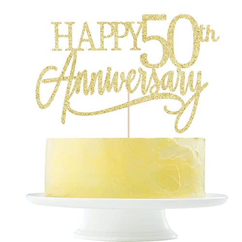 Happy 50th Anniversary Cake Topper,Gold Glitter 50th Birthday， 50Anniversary Party Decoration Supplies，Wedding Anniversary Party Decoration