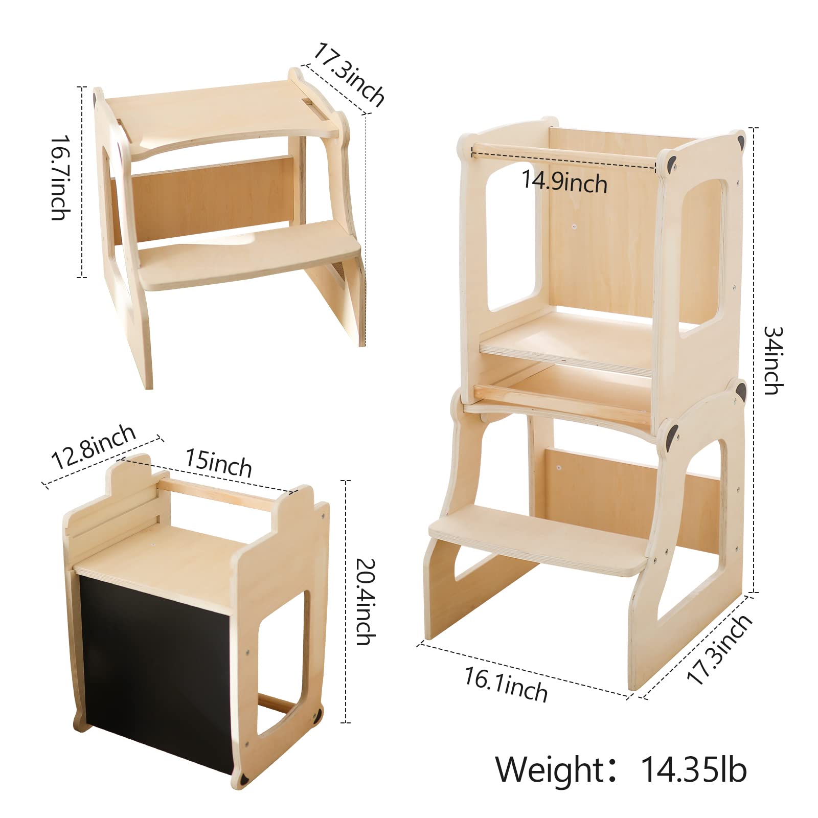 ibwaae 4 in 1 Wooden Toddler Tower Kitchen Step Stool Height Adjustable Standing Helper and Chalkboard Whiteboard Message Board