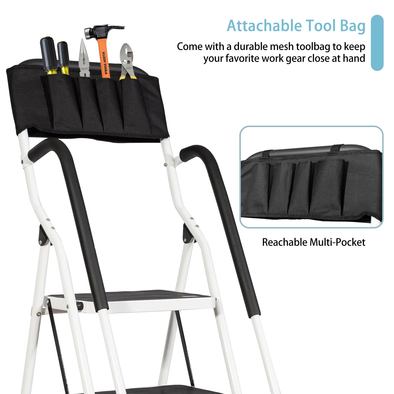 Portable Folding Step Ladder with Safety Handrails Anti-Slip Sturdy Large Area Pedal Steel Step Stool White and Black 4-Feet & Attachable Tool Bag for Kitchen Home and Office, Capacity: 500 lbs