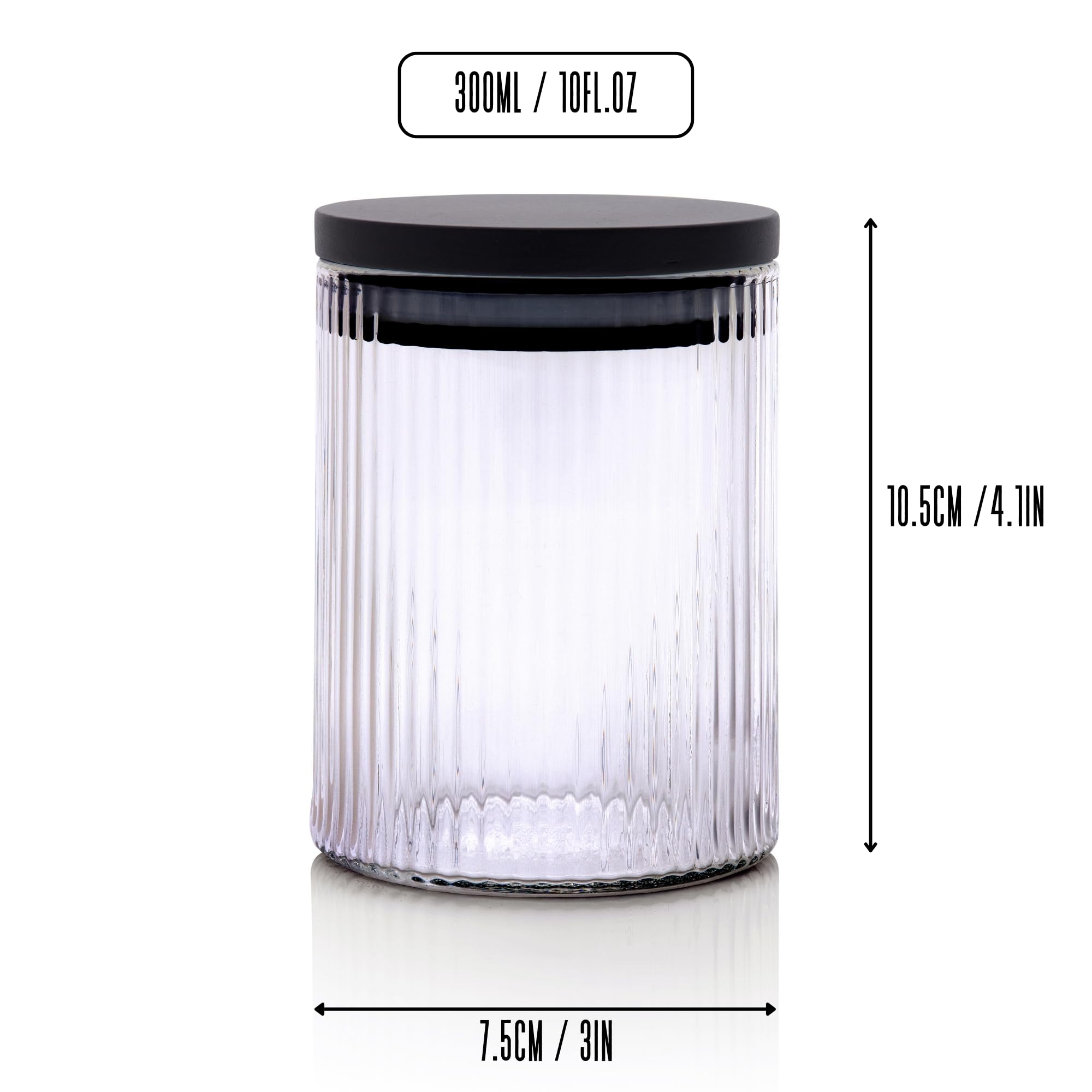Mason & Fable Ribbed Glass Bathroom Jars with Airtight Black Bamboo Lids | Cotton Pad/Swab/Q tip Holder | Bath Salt/Small Makeup/Clear Vanity Apothecary Storage Canister Organizer β 10 fl oz, Set of 2