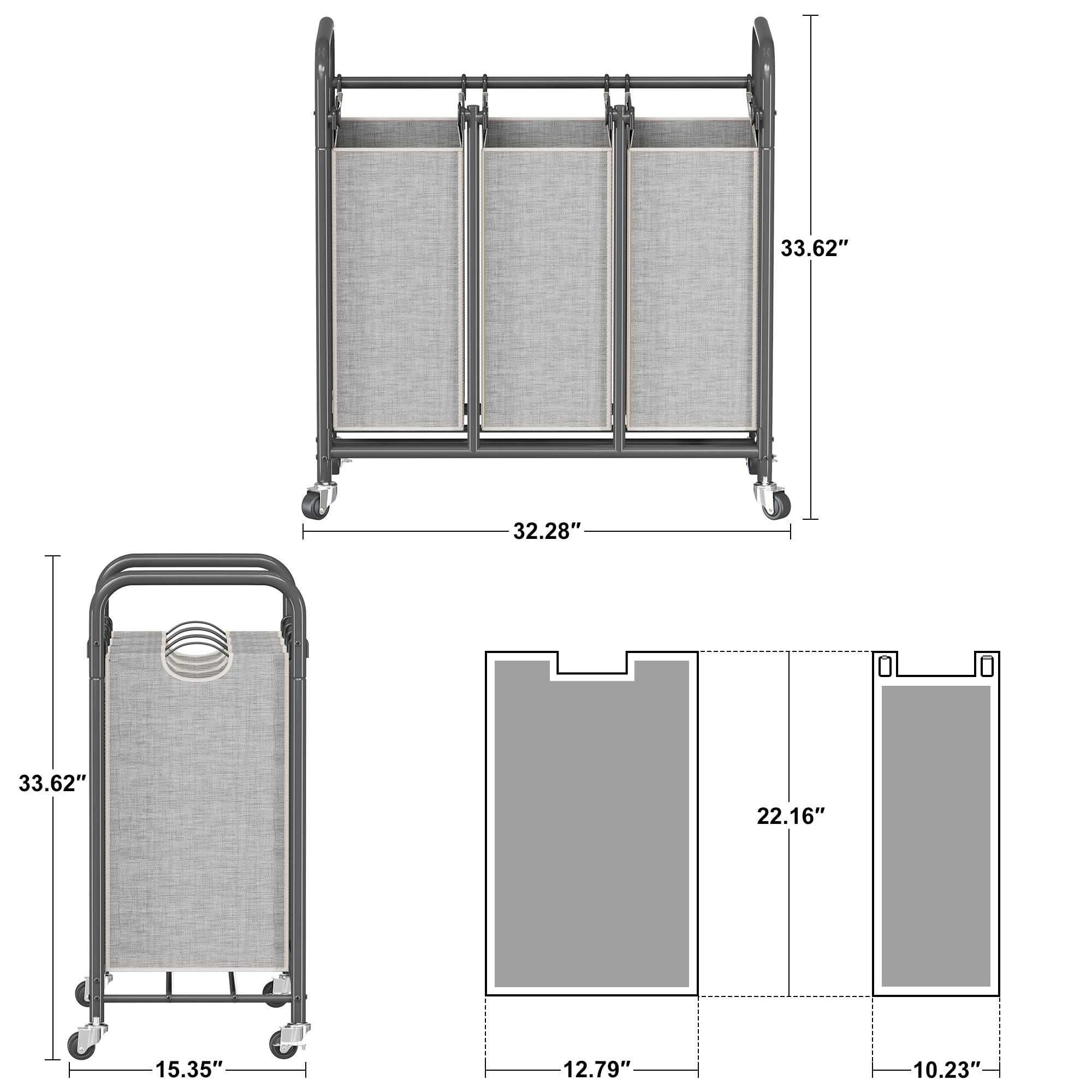 HOMEIJU 3-Bag Laundry Sorter, Laundry Hamper Cart with Heavy Duty Rolling Lockable Wheels and Removable Bags, Laundry Organizer Basket Clothes Separator Hamper, Grey, Large, KJ3009