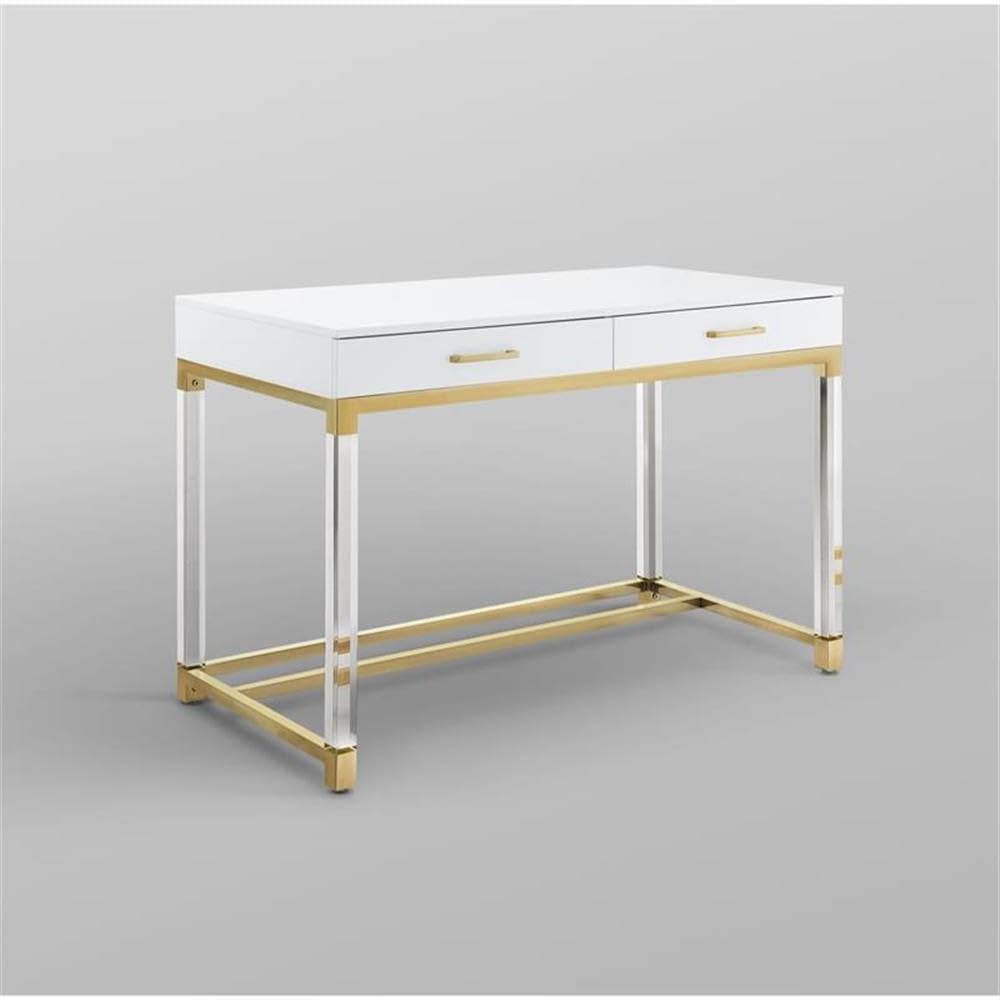 Posh Briar 2-Drawer Metal Writing Desk with Acrylic Legs in White/Gold