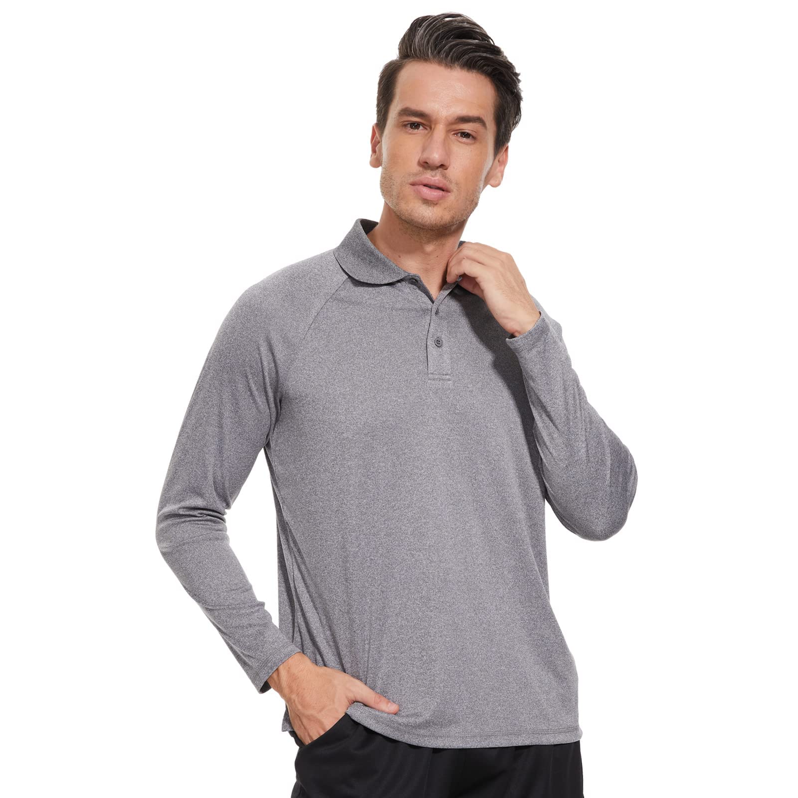 HDLMDFNN Men’s Polo Shirt Long Sleeve Lightweight Quick-Dry Breathable UPF 50+ Sun Protection Tees (Dark Grey XL)